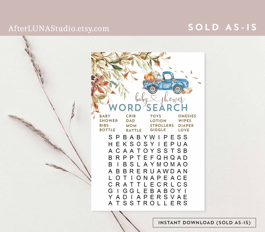 Fall Pumpkin Blue Truck Baby Shower Word Search Game Fall Baby Sprinkle ...