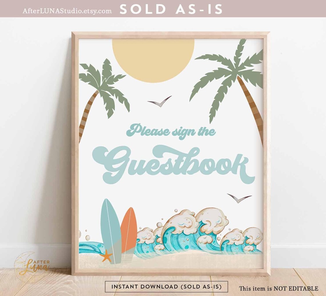 Boy Blue Surfboard Surfing Birthday Guestbook Sign the Big One Surf's ...