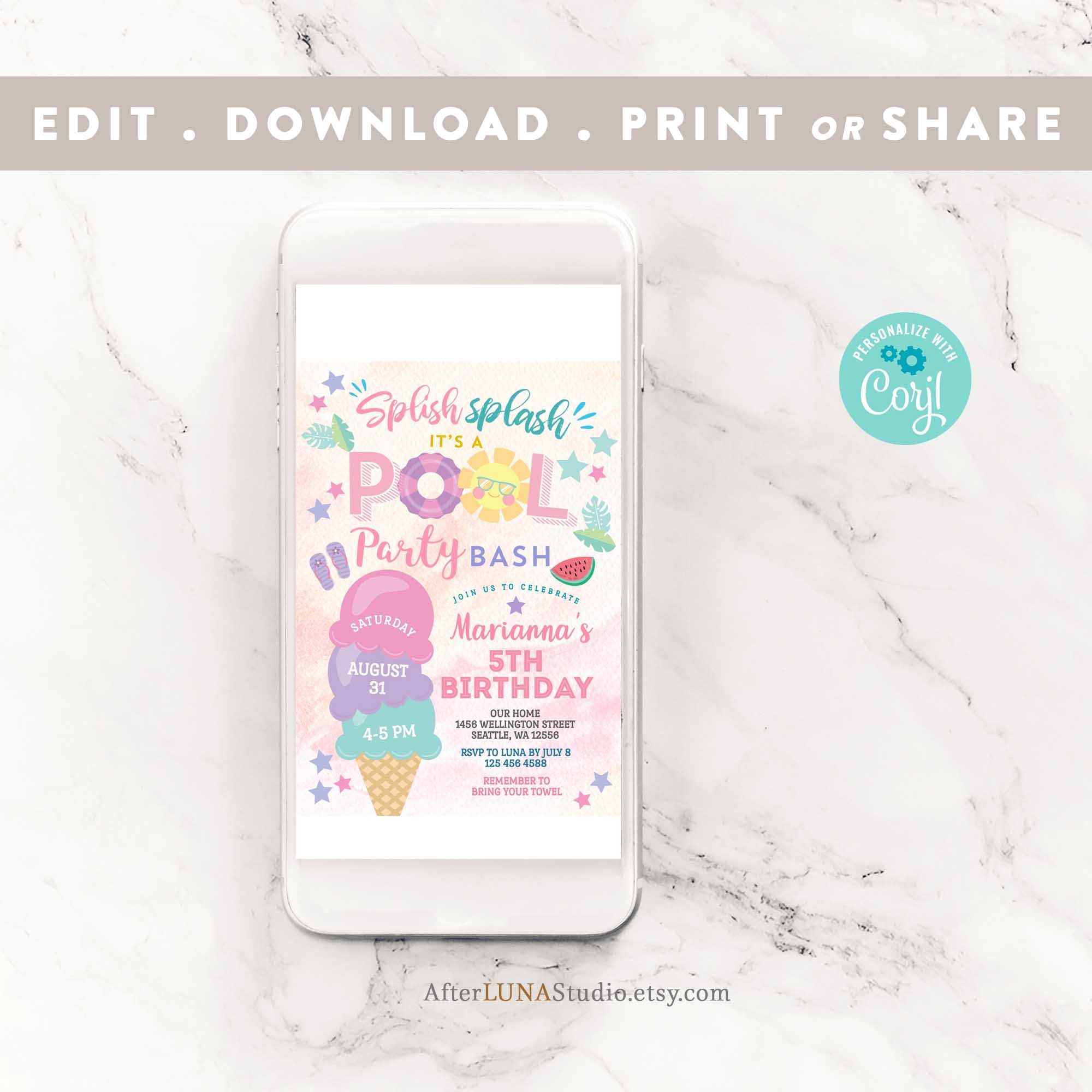 Editable Pool Party Invitation Girl Ice Cream Pool Party Invite Pool ...