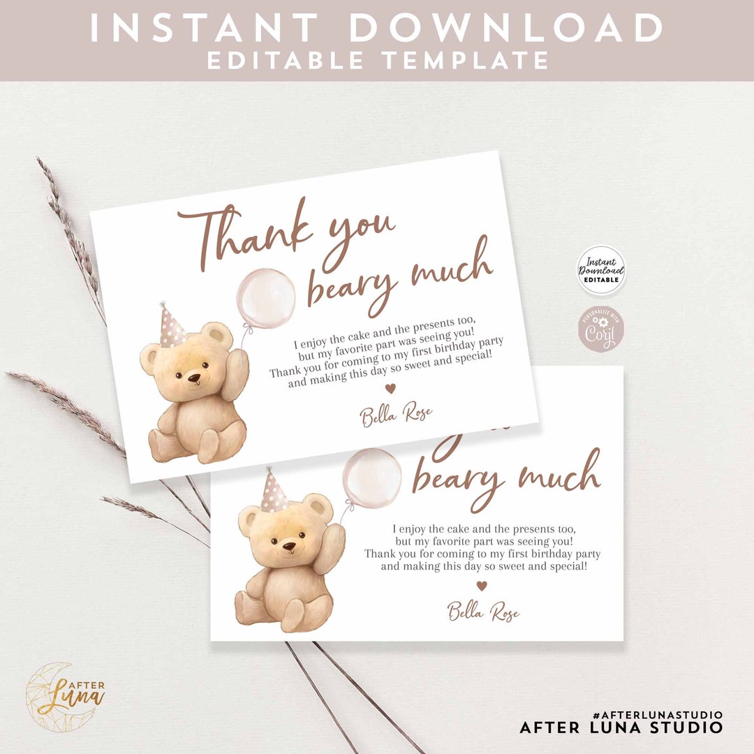 Editable 4x6" Thank You Card Brown Boy Teddy Bear Birthday Balloon ...