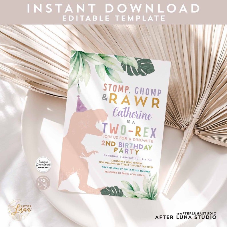 Editable TWO Rex Invite Dino Dinosaur T Rex Pink Lavender - Etsy
