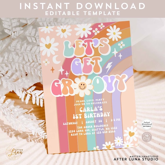 Editable Let's Get Groovy Invite Daisy Rainbow Groovy 3rd - Etsy Canada