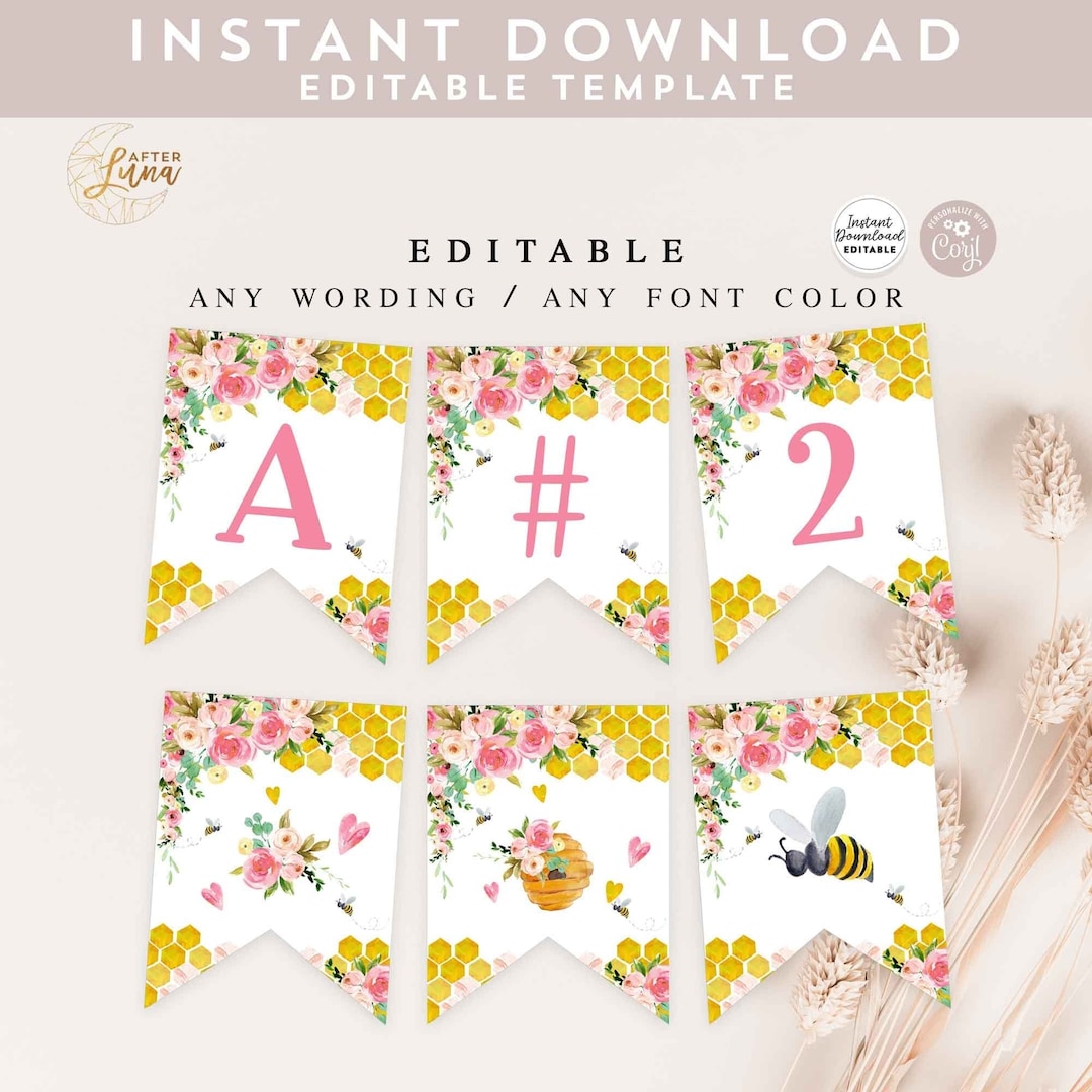 Editable ANY WORDING Pink Floral Bee Birthday Pennant Banner 8.5x11 ...