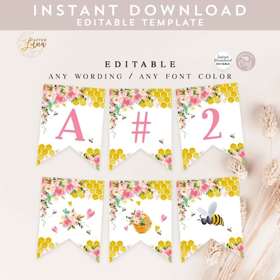 Editable ANY WORDING Pink Floral Bee Birthday Pennant Banner - Etsy