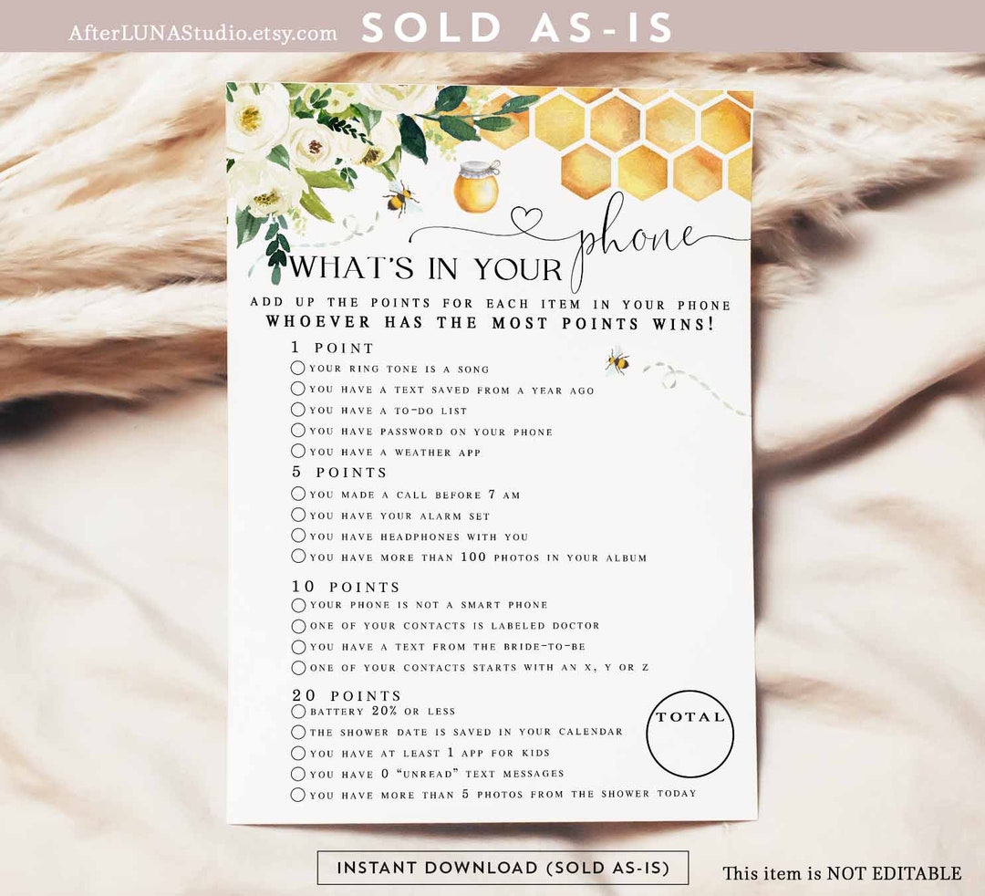 Bee What's in Your Phone Game Bridal Shower Game Bee Meant to Bee ...