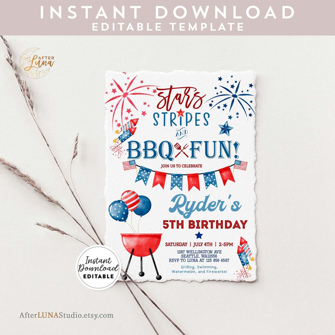 Editable 4th of July BBQ Invitation Stars Stripes BBQ Fourth of July ...