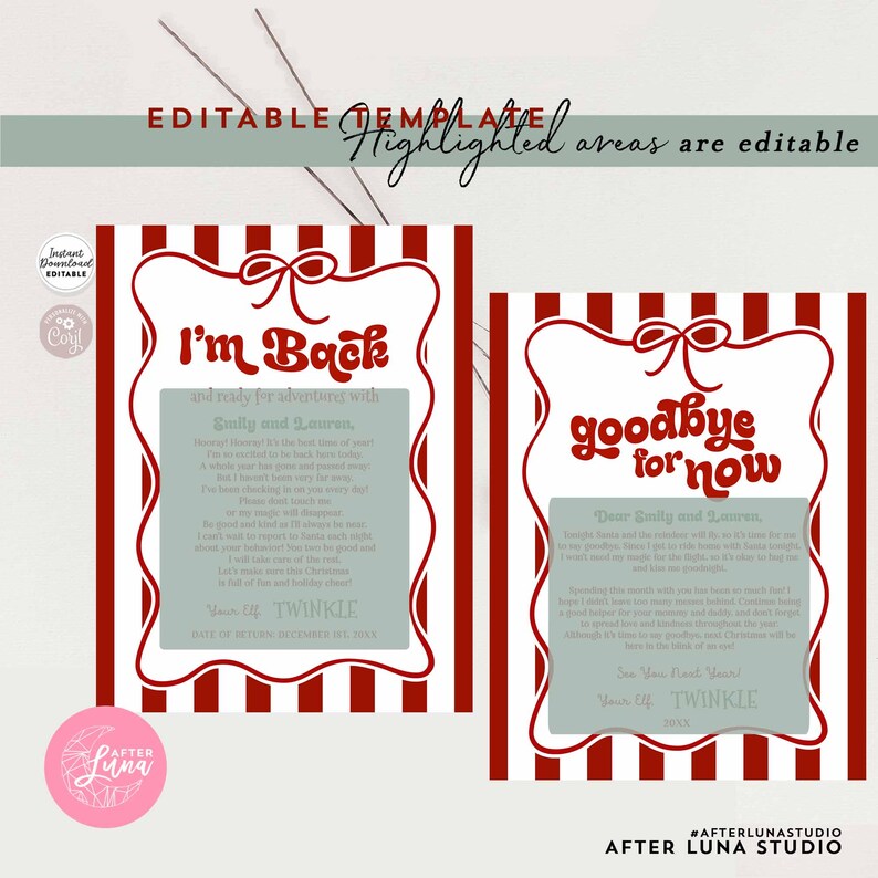 EDITABLE Elf Letter Bundle - I'm Back Goodbye Bye for Now Elf Template Instant Download 526E2 (2 ...