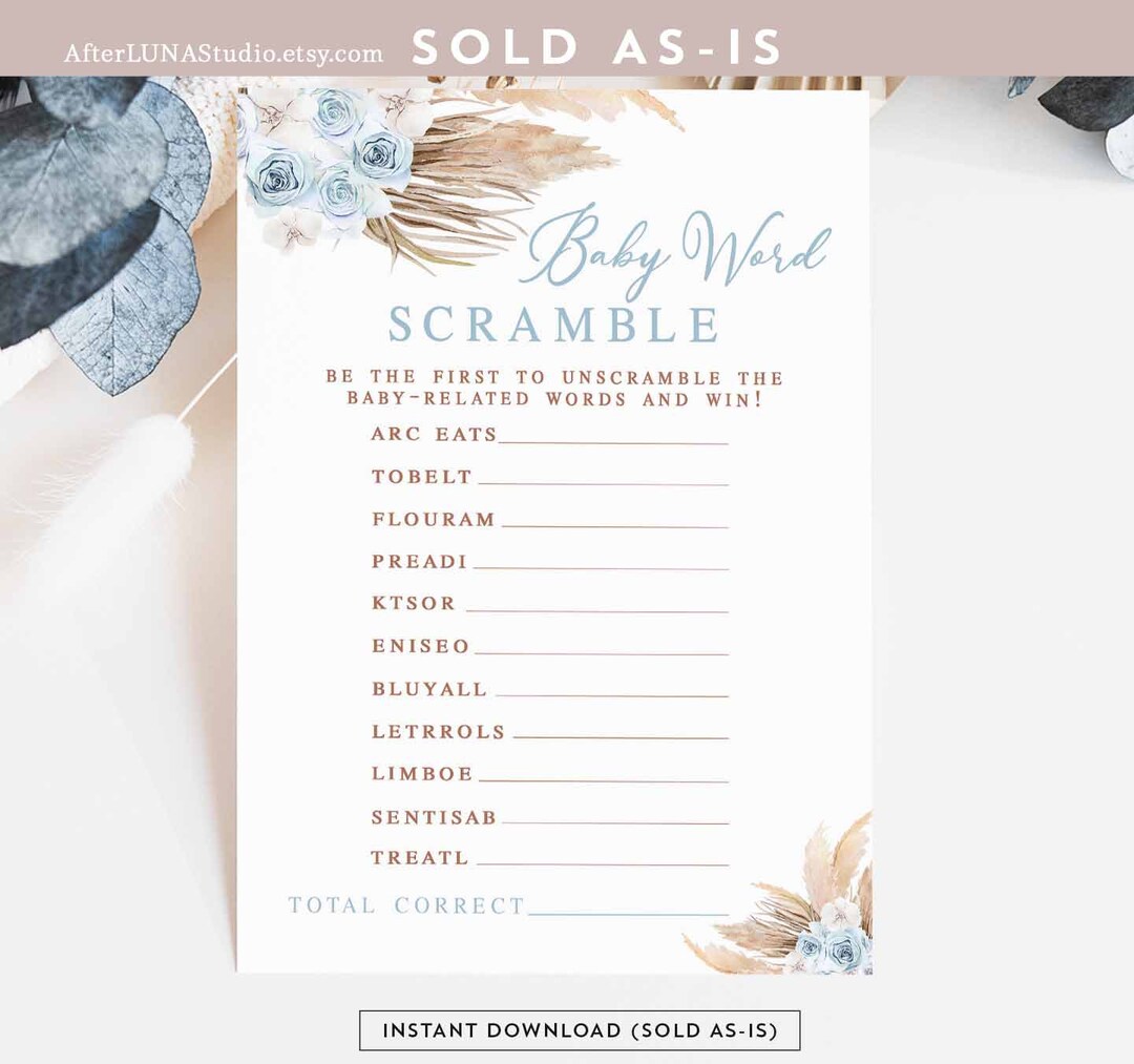 Blue Pampas Grass Baby Word Scramble Game Printable Bohemian Boho Baby ...