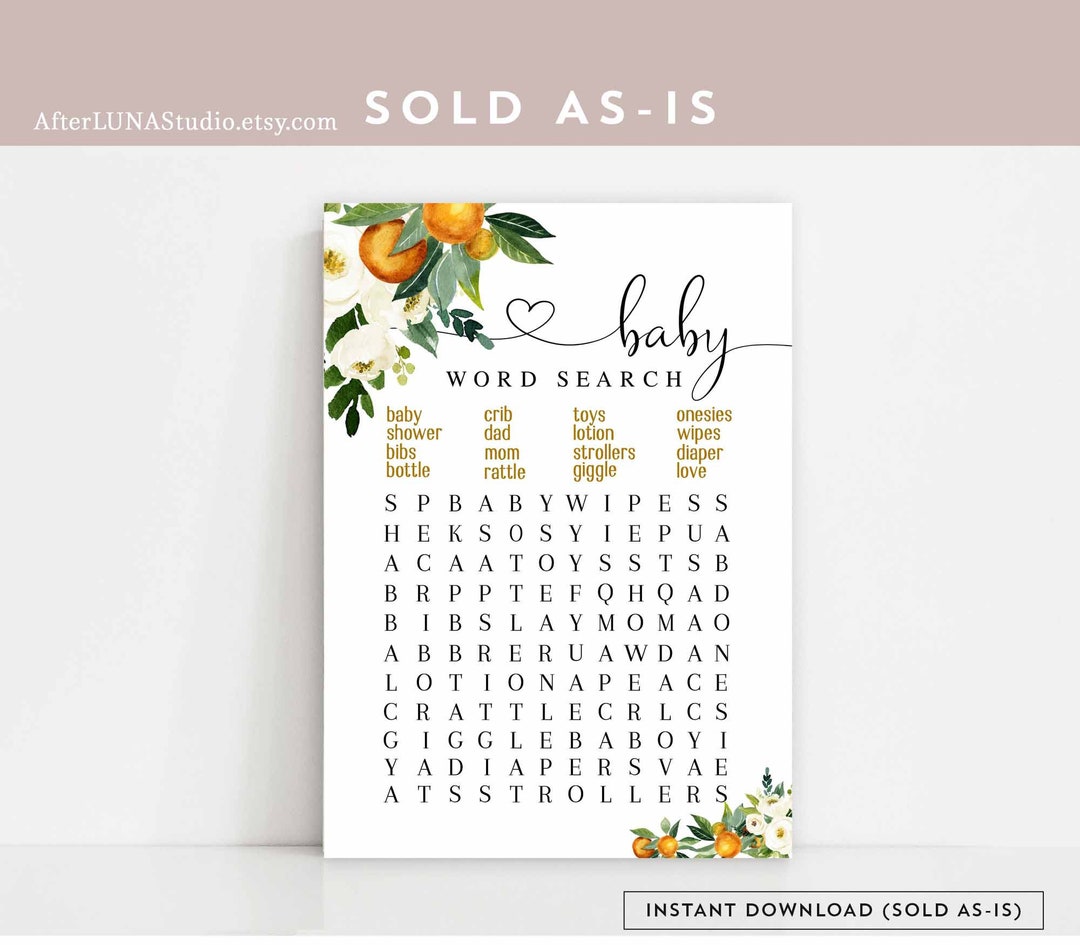 Orange Citrus Baby Shower Word Search Game A Little Cutie on the Way ...