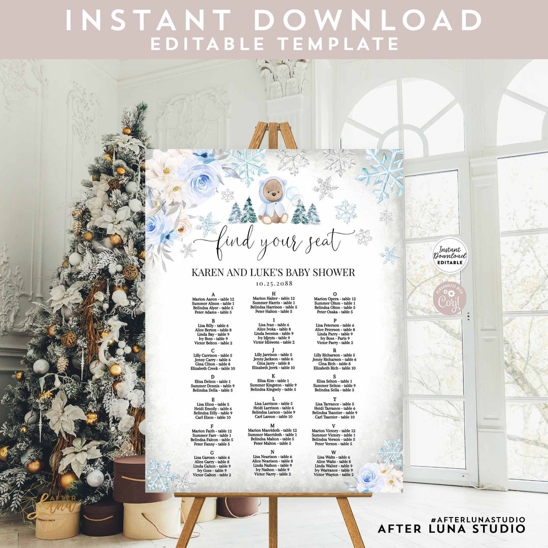Editable Winter Boy Teddy Bear Snowflake Baby Shower Sprinkle Bridal ...