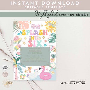 Editable Girl Tropical Splash Into SIX 6th Birthday Beach Party ...