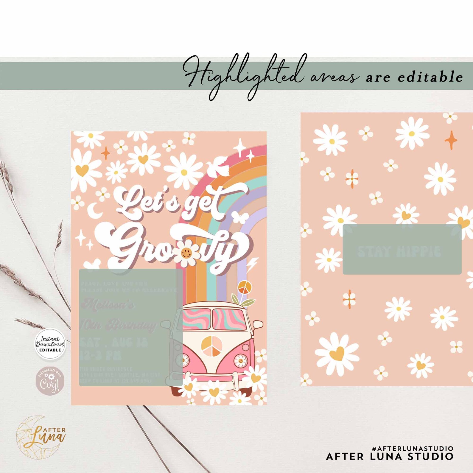 Editable ANY AGE Pink Groovy Van Daisy Rainbow Let's Get - Etsy