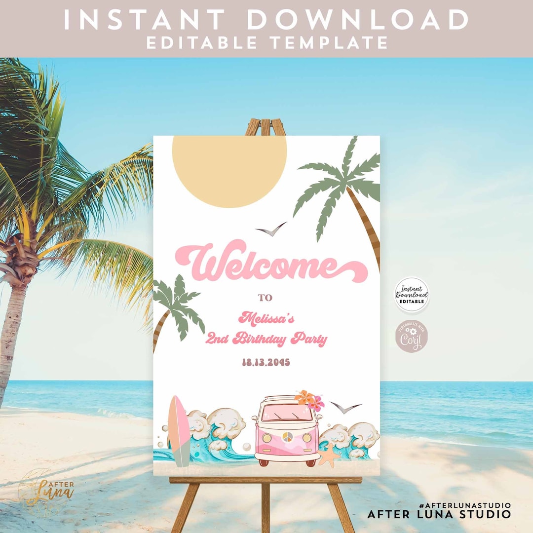 Editable ANY AGE Retro the Big One Surf's up Birthday Decor Welcome ...