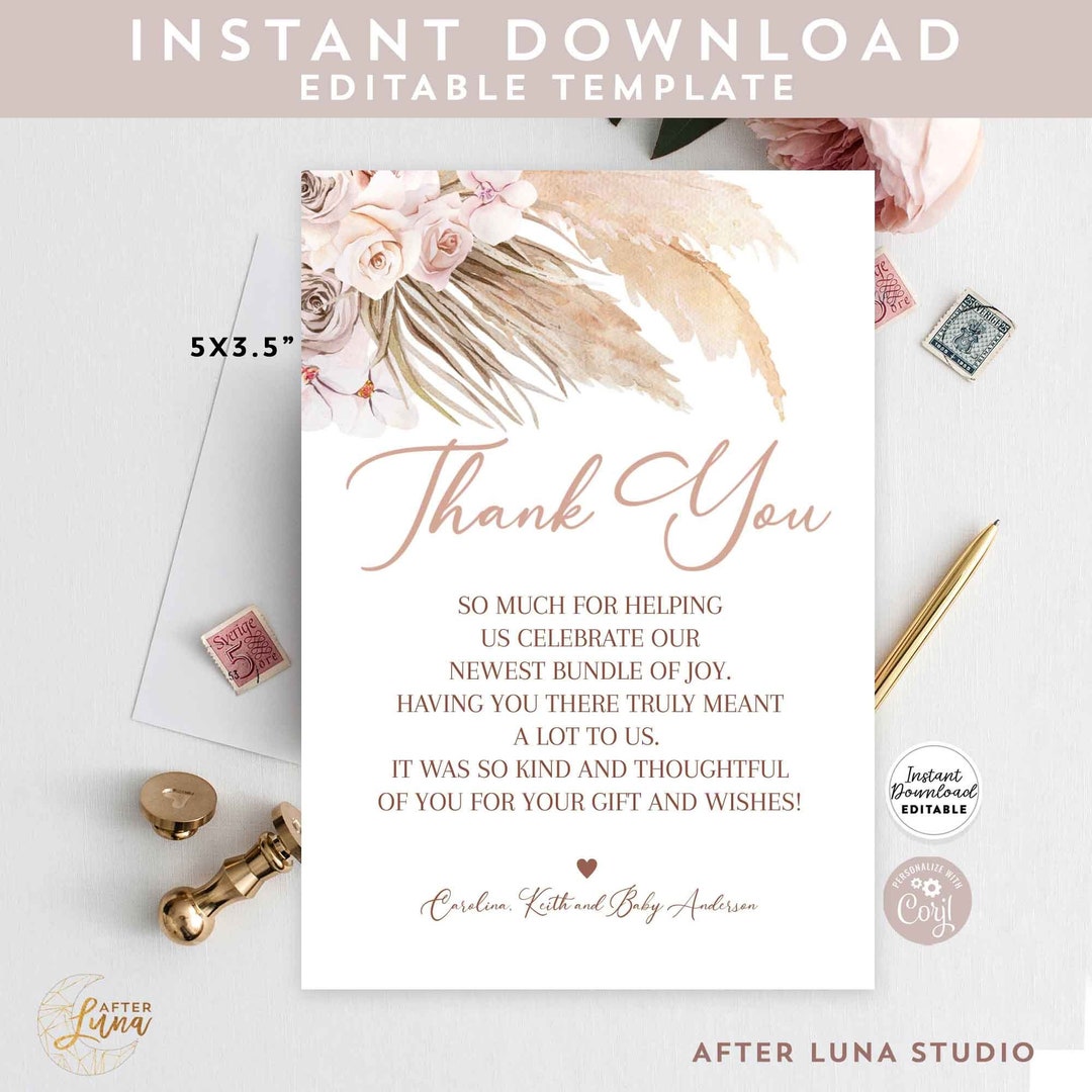 Editable Pampas Grass Bohemian Boho Baby Bridal Shower Birthday Thank ...