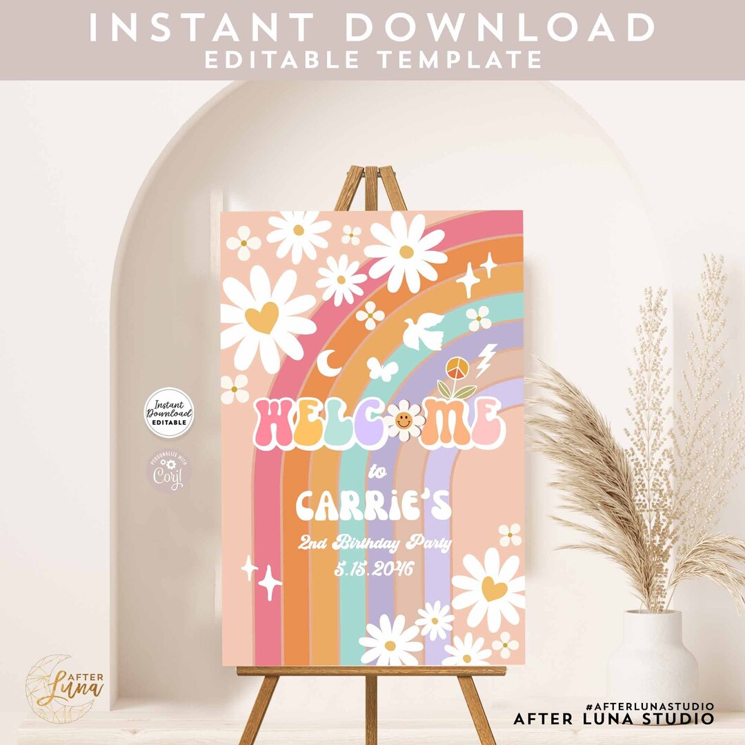 Editable Groovy Party Decor Welcome Sign Daisy Groovy Rainbow Green ...