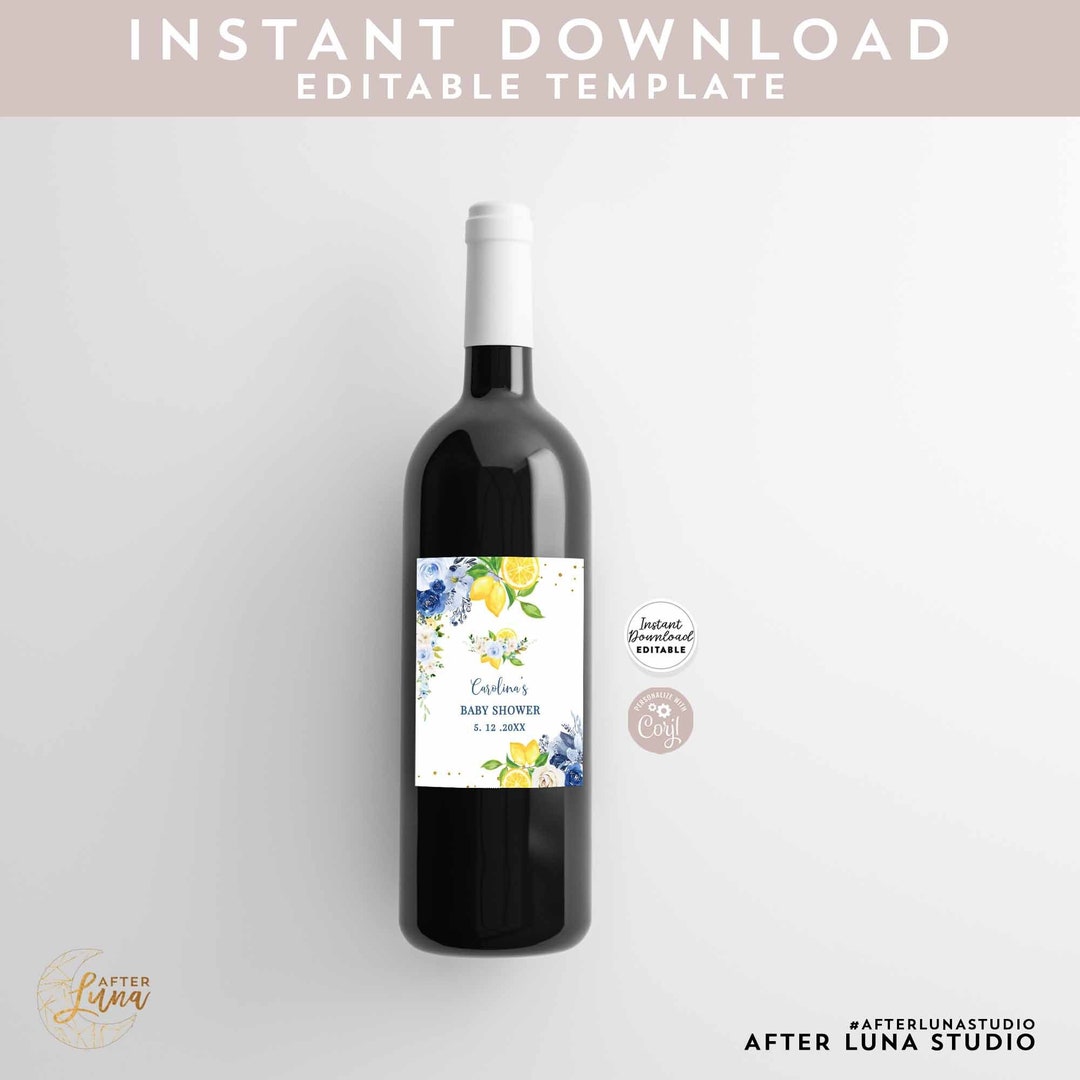 Editable Blue Floral Lemon Wine Label Printable Wedding Bridal Baby ...