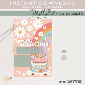 Editable Groovy Van Party Decor Welcome Sign Daisy Groovy Rainbow Blue ...