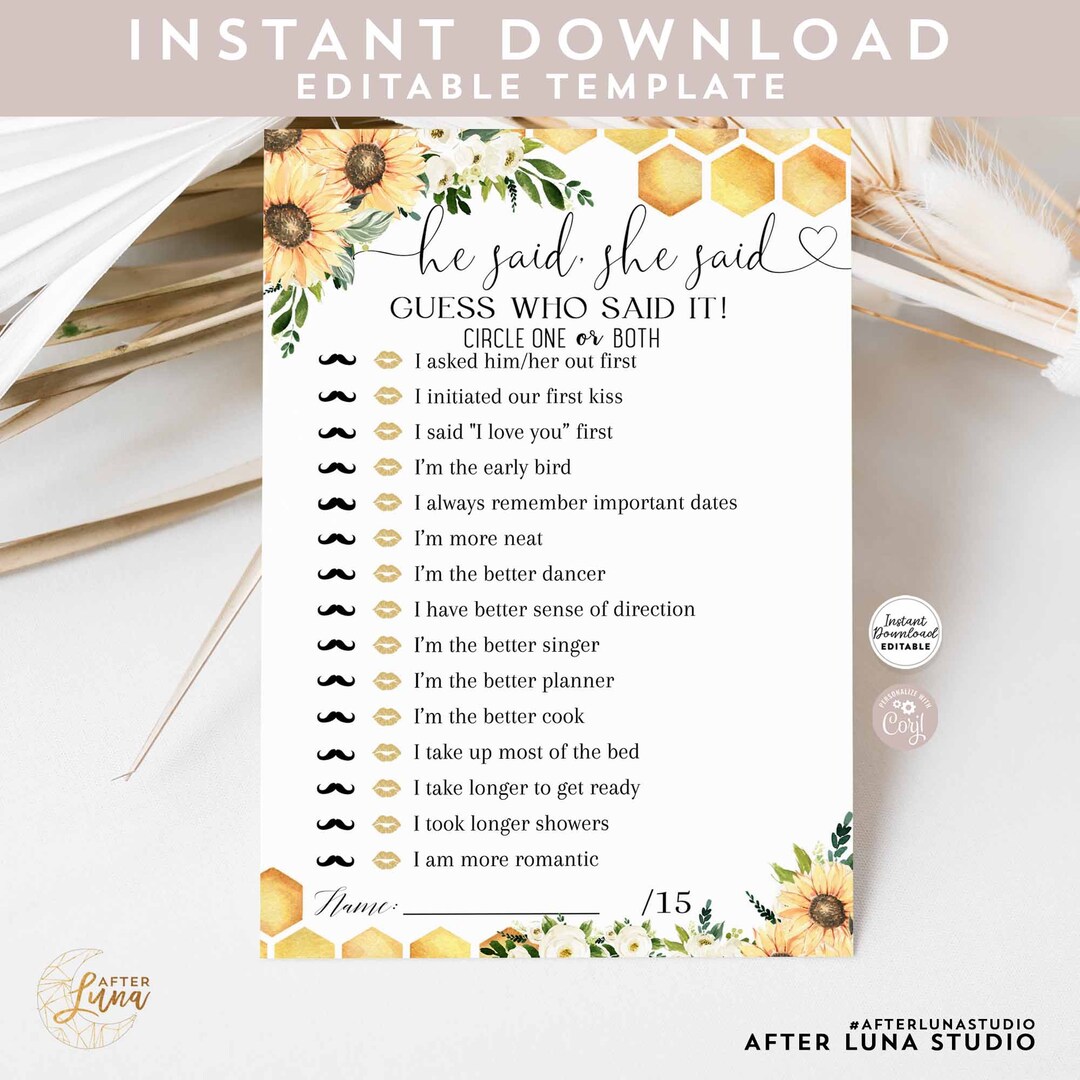 Sunflower Bridal Shower Game: He Said She Said (editable Template ...