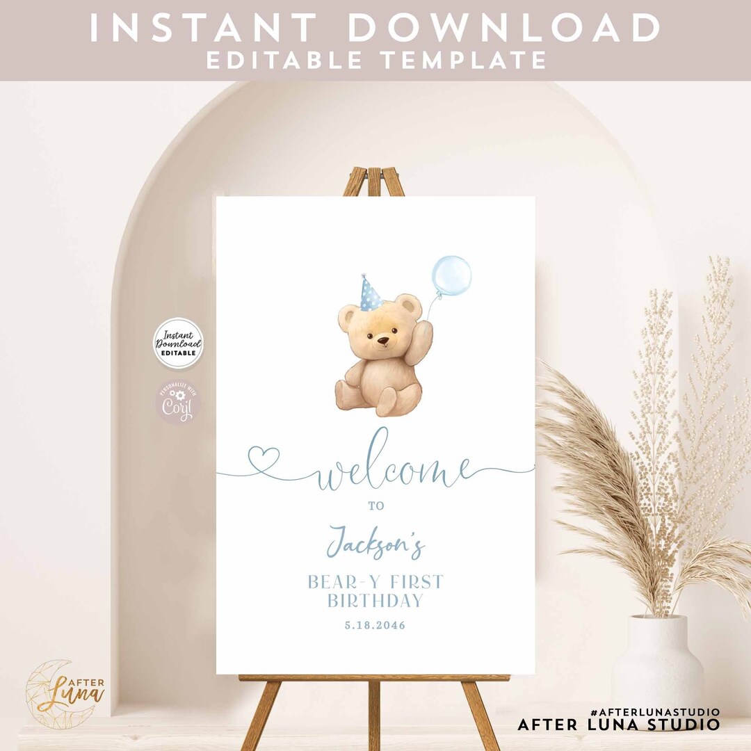Editable Blue Boy Teddy Bear Birthday Boy Baby Shower Welcome Sign ...