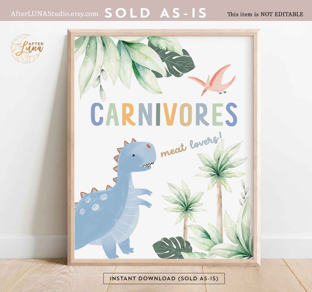 Boy Dino Dinosaur T Rex Two Three Birthday Carnivore Food Table Sign ...