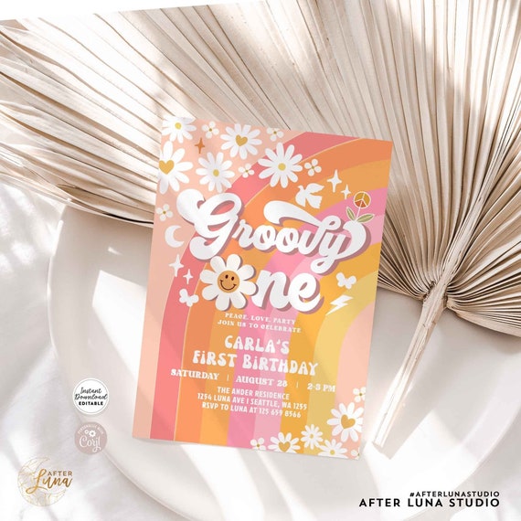 Editable Bright Pink Orange Peach Groovy ONE 1st Birthday | Etsy