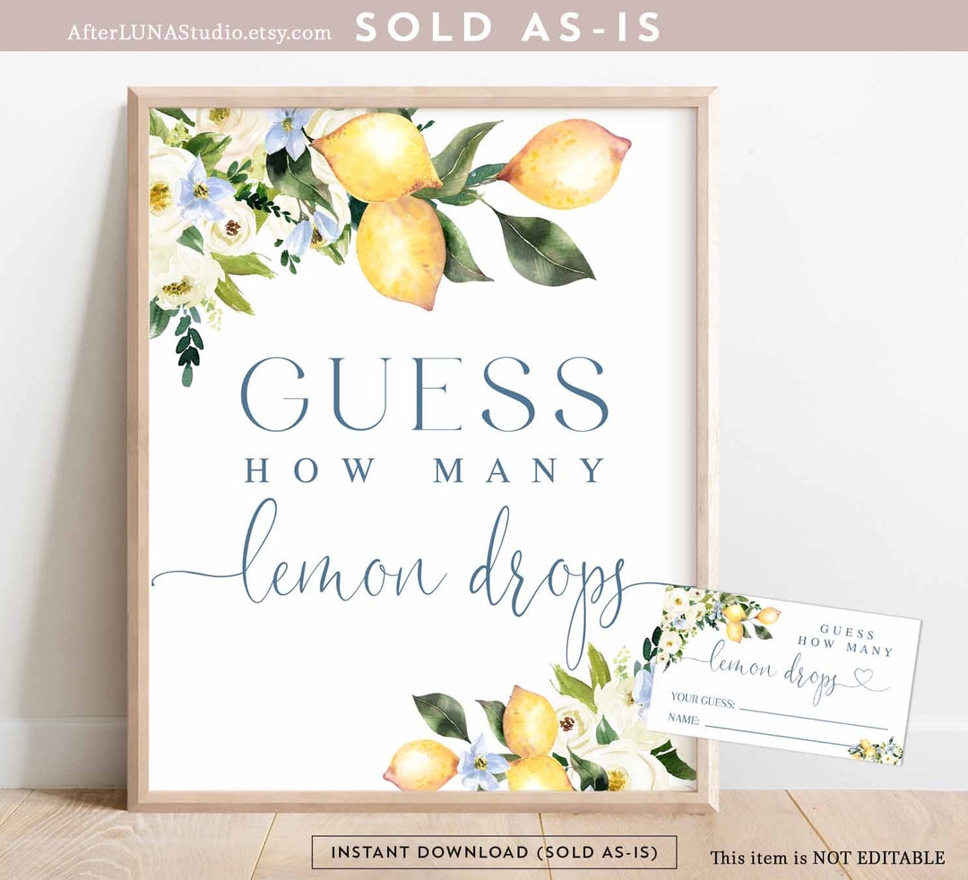 Blue Floral Lemon Bridal Shower Brunch Games How Many Lemon Drops Game ...