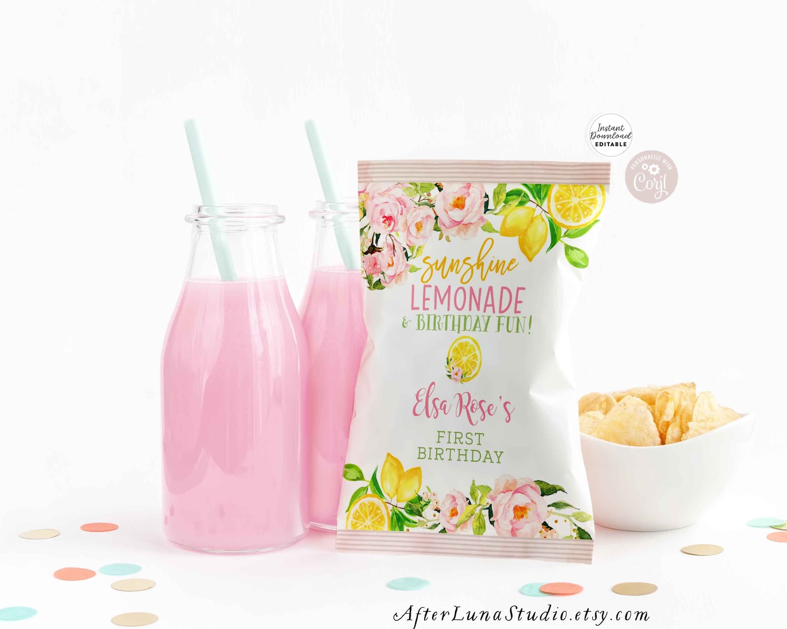 Editable ANY AGE Pink Lemon Lemonade Birthday Chip Bag Wrapper ...