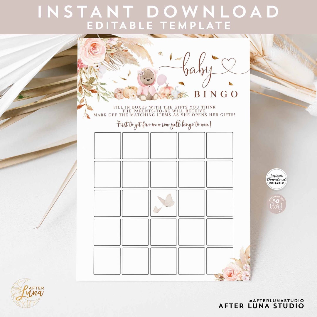 Editable Fall Boho Pumpkin Pink Bear Baby Bingo Card for Baby Girl ...