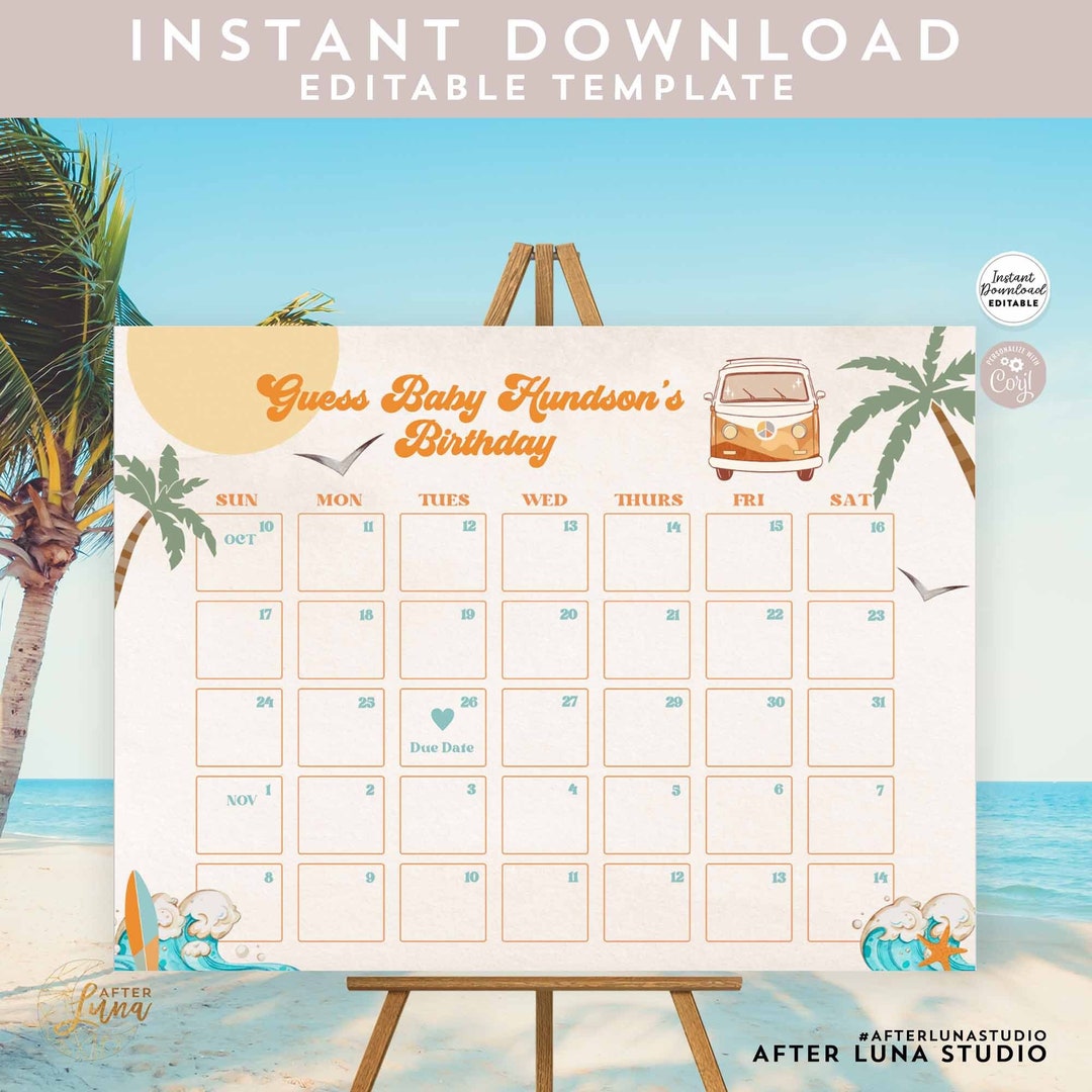 Editable Boy Orange Blue Surfing Surf Due Date Calendar Sign Birthday ...
