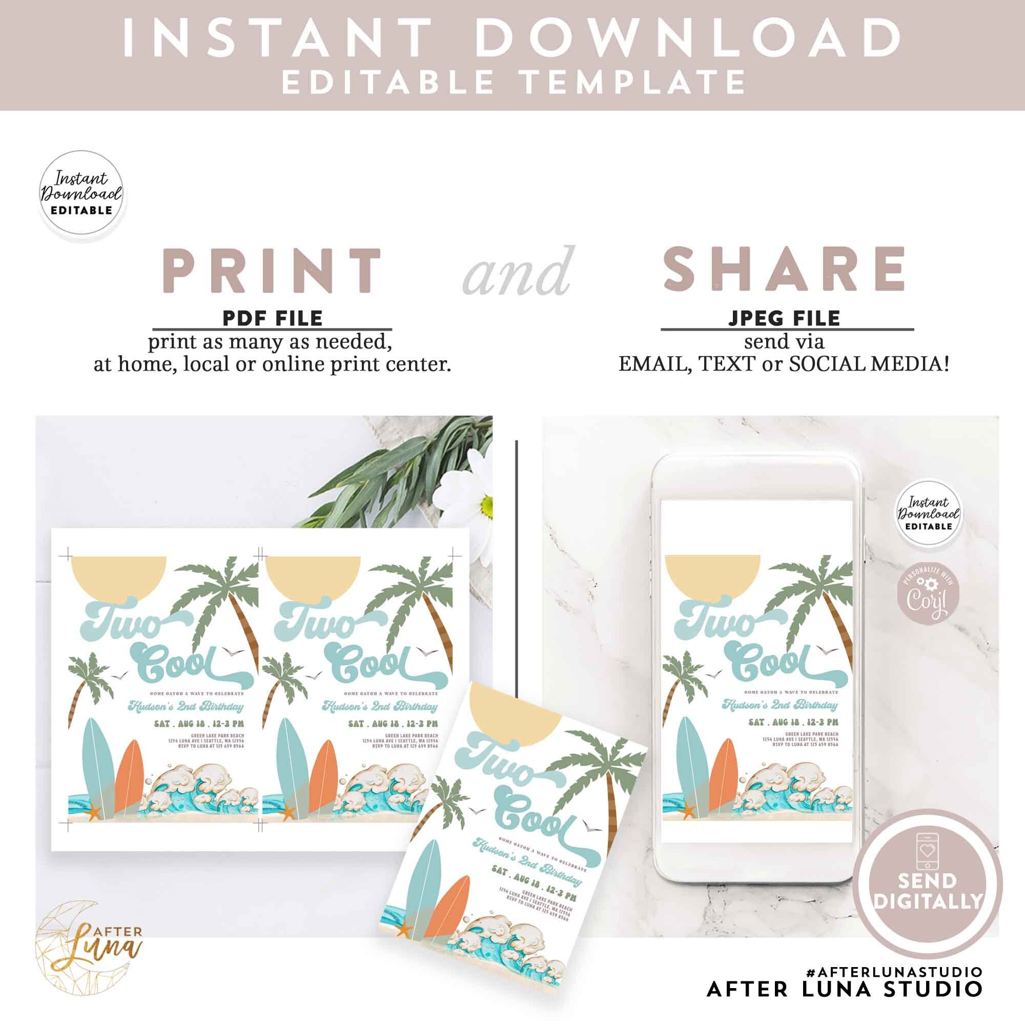 Editable Boy Surf Surfing 2nd Birthday Invite Two Cool Modern Surfboard ...