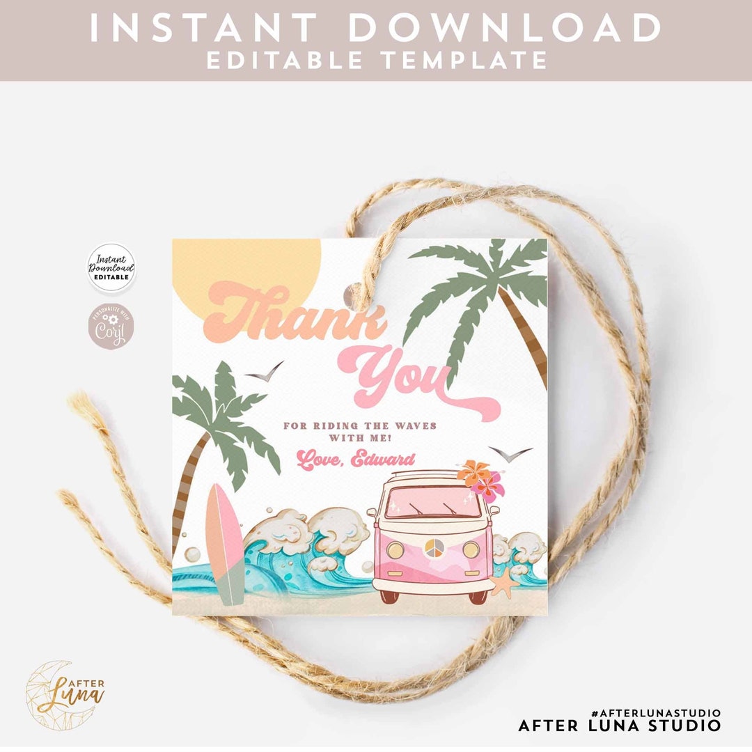 Editable Pink Surf Square Tag the Big One Surf up Beach Birthday Party ...