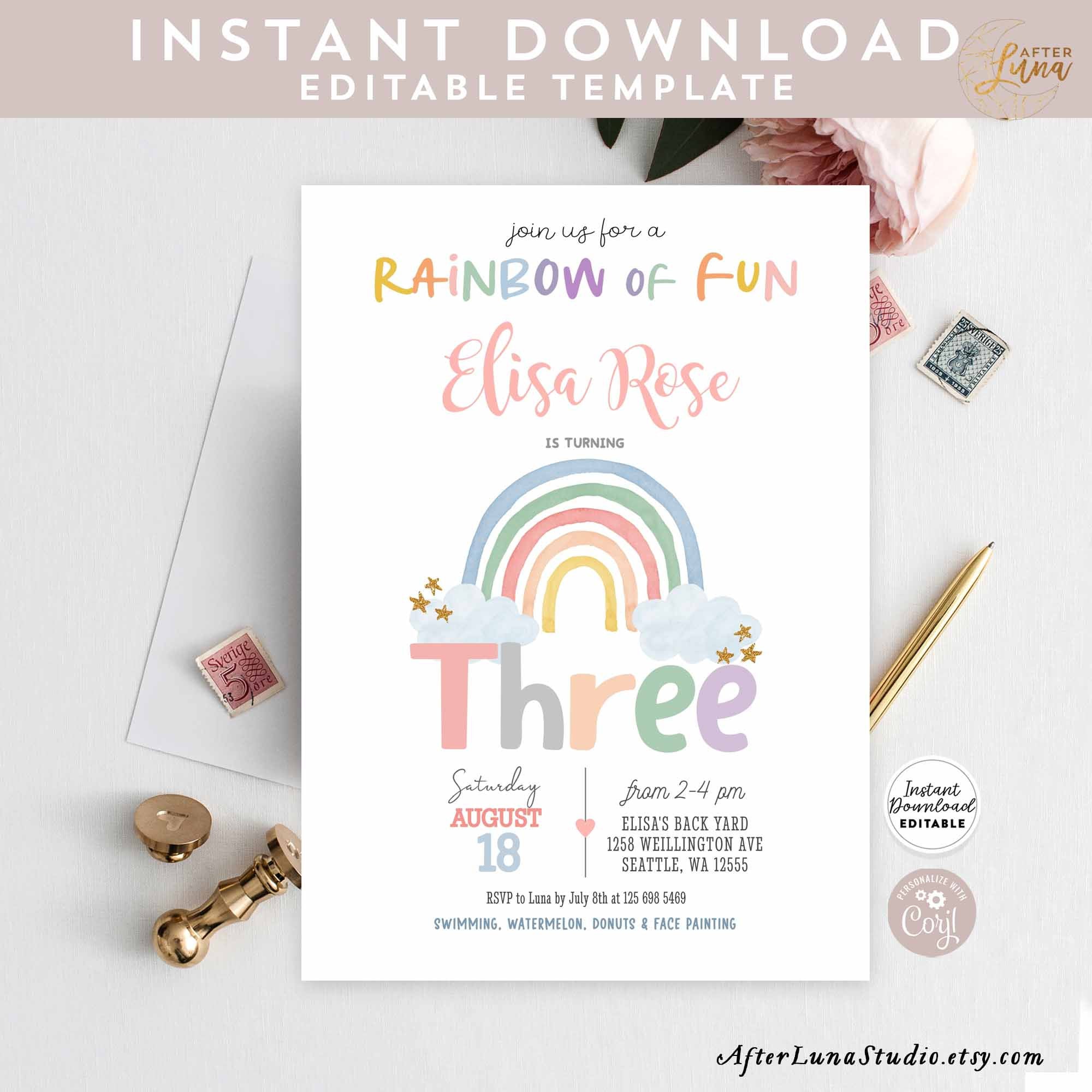 Editable Rainbow 3rd Birthday Invitation Girl Pastel Rainbow Party ...