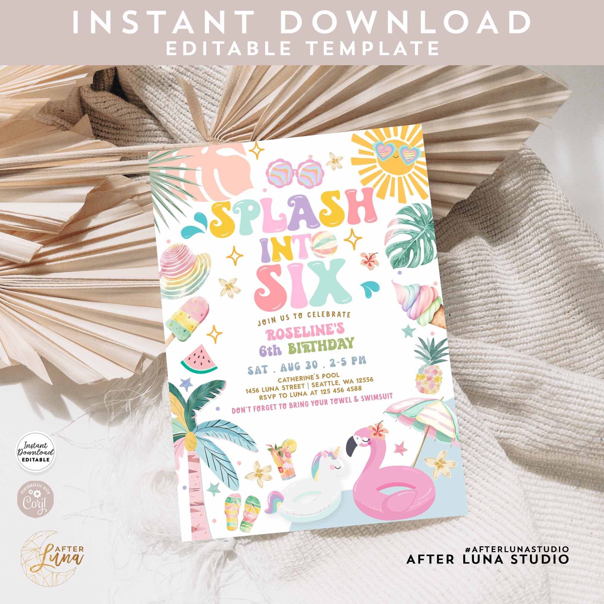 Editable Girl Tropical Splash Into SIX 6th Birthday Beach Party ...