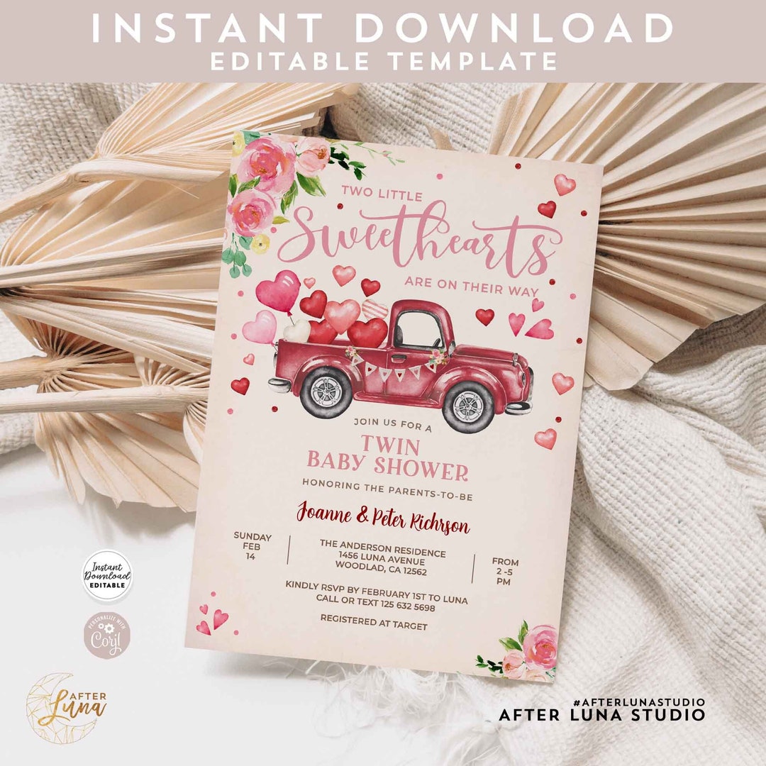 Editable Twin Sweethearts Valentine's Day Baby Shower Invitation Pink ...