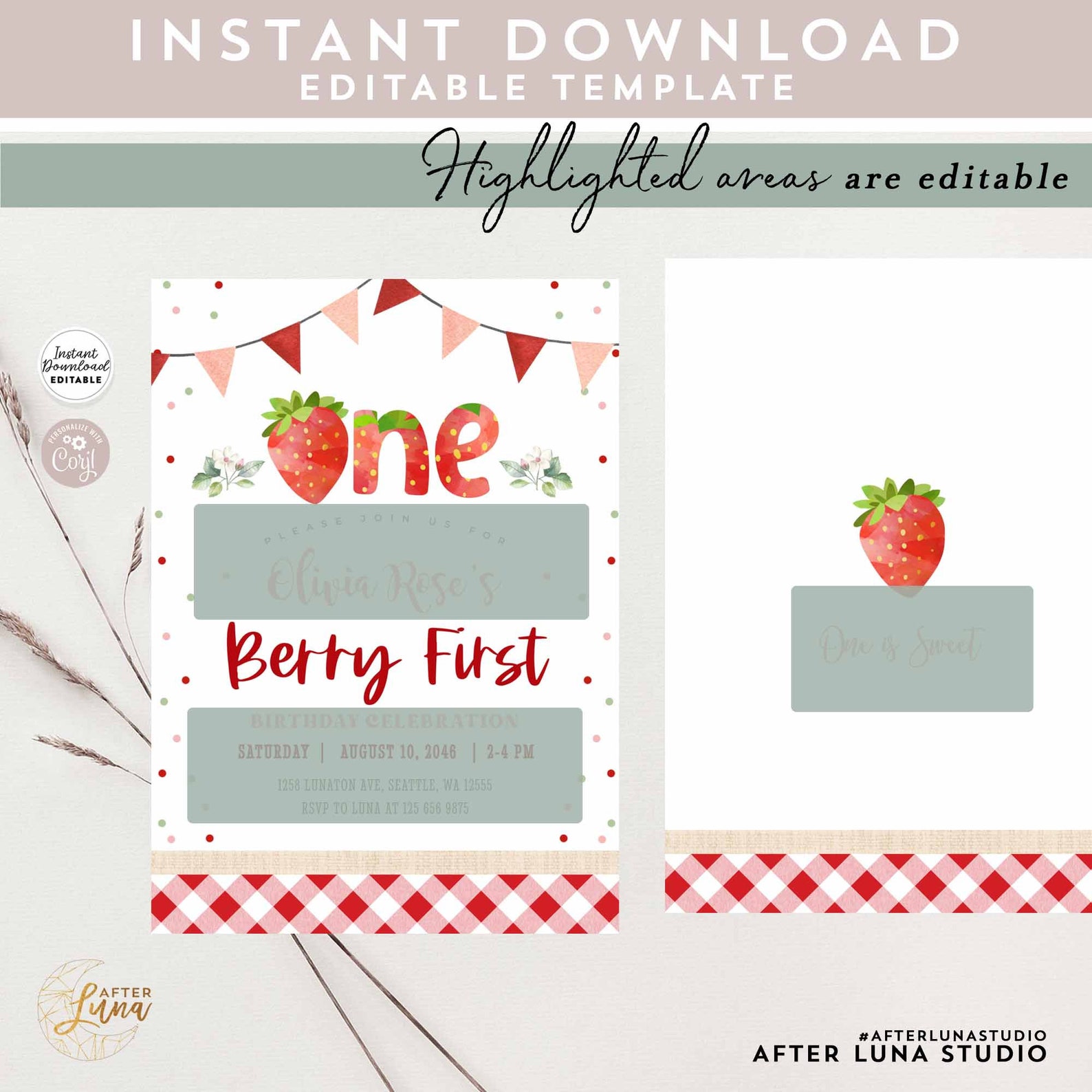 Editable Berry First Strawberry Birthday Invitation Berry Strawberry ...