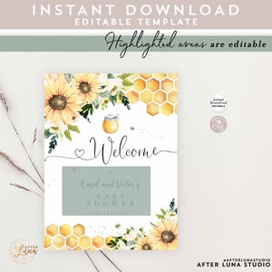 Editable Sunflower Honey Bumble Bee Baby Shower Baby Sprinkle Welcome ...
