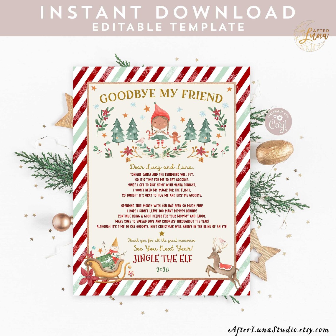 EDITABLE Girl Elf Goodbye Letter From Elf Bye for Now Red Mint Letter ...