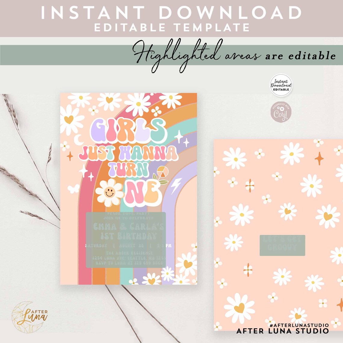 Editable Girls Just Wanna Turn One Invite Twin Daisy Rainbow Groovy 1st ...