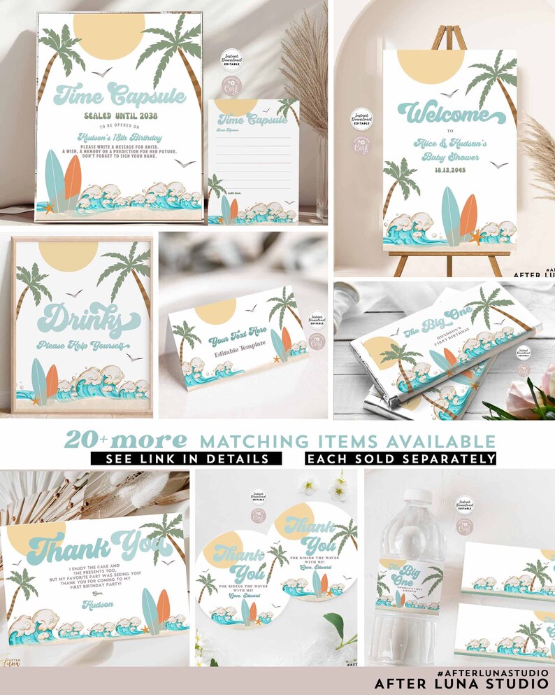 Editable Boy Blue Surfboard Surfing Surf Surfing Birthday Guess Who ...