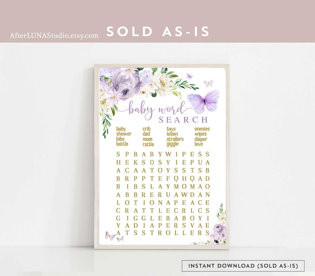 Purple Gold Butterfly Baby Word Search Game Printable Virtual Butterfly ...