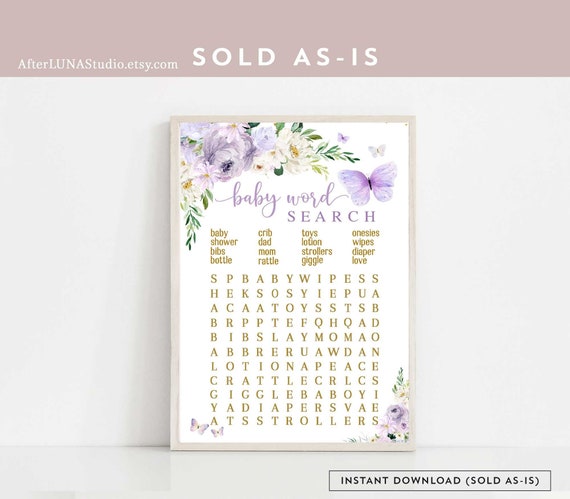 Purple Gold Butterfly Baby Word Search Game Printable Virtual | Etsy