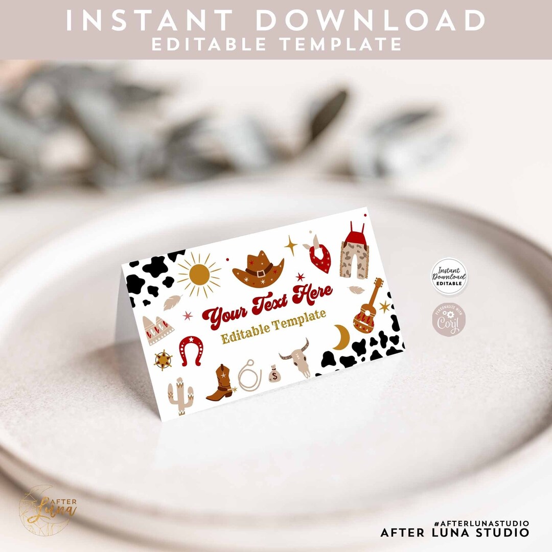 Editable Cowboy Rodeo Boy Ranch Wild West Party Place Card Buffet Food ...