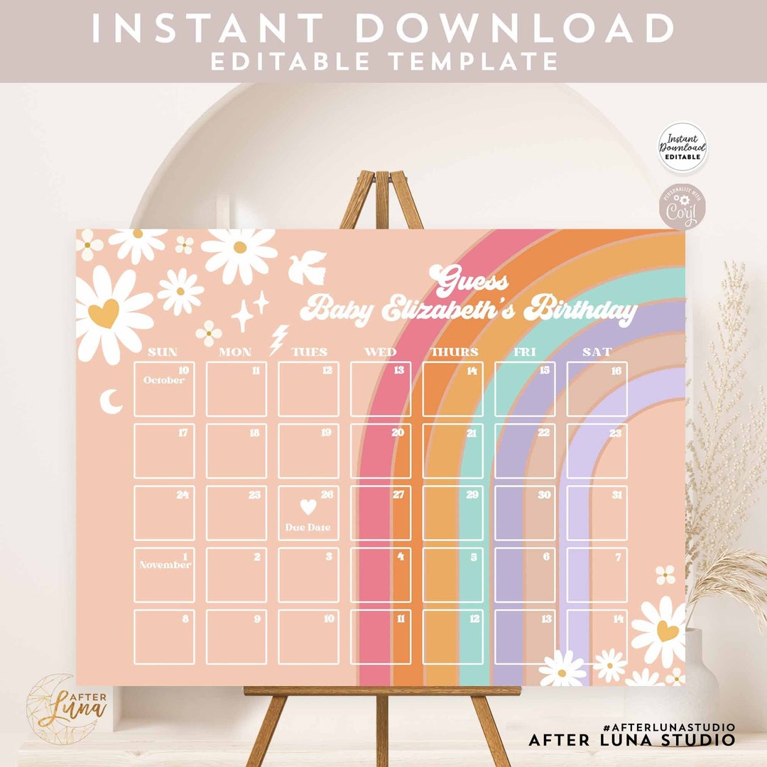 Editable Groovy Pink Daisy Rainbow Hippie 70's Retro Due Date Calendar ...