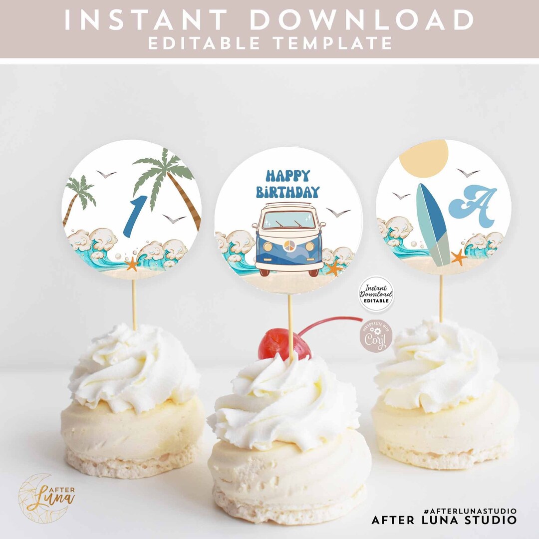 Editable Boy Navy Surfing Surf Cupcake Topper the Big One Surf's up ...