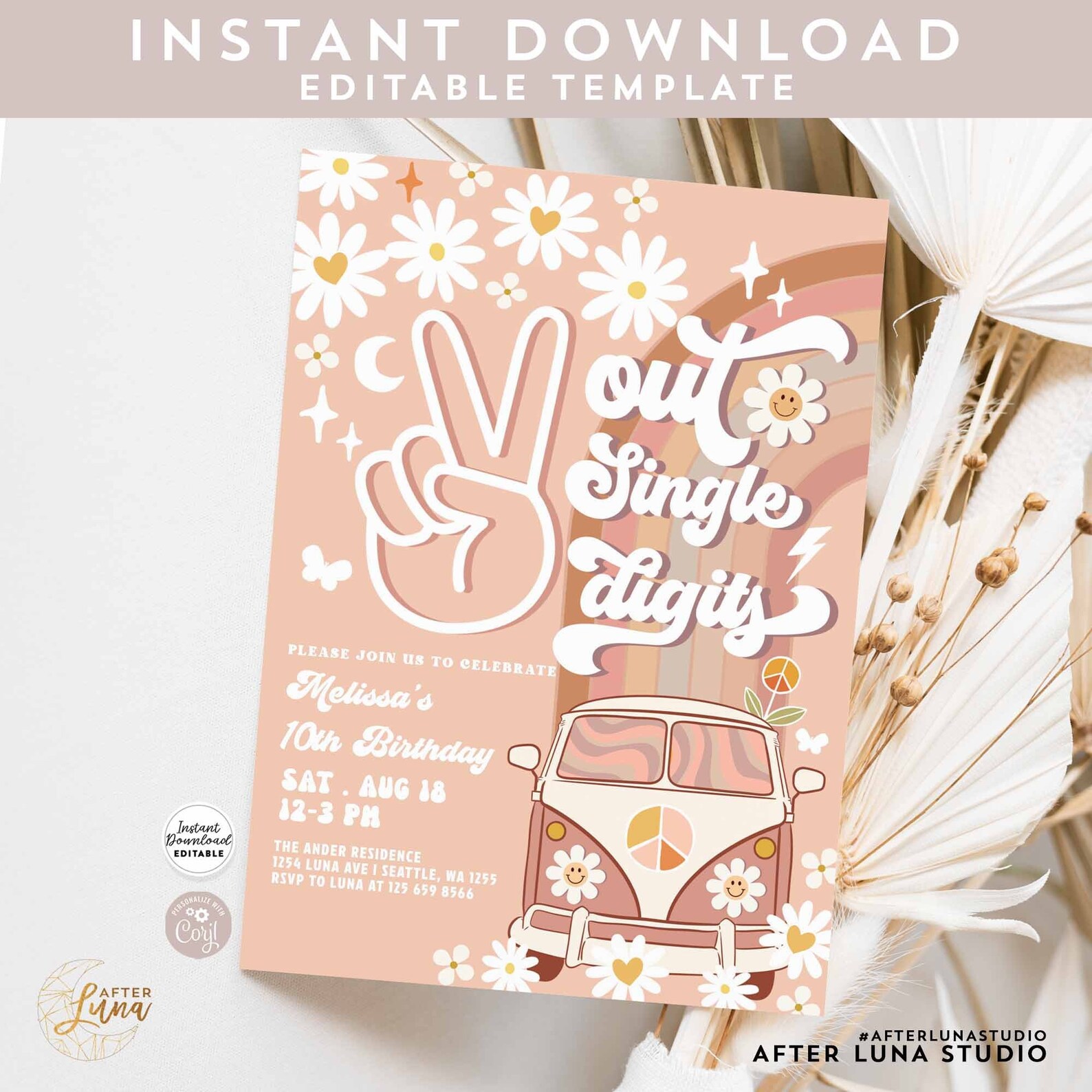 Editable Peace Out Single Digits Groovy 10th Birthday Invite - Etsy