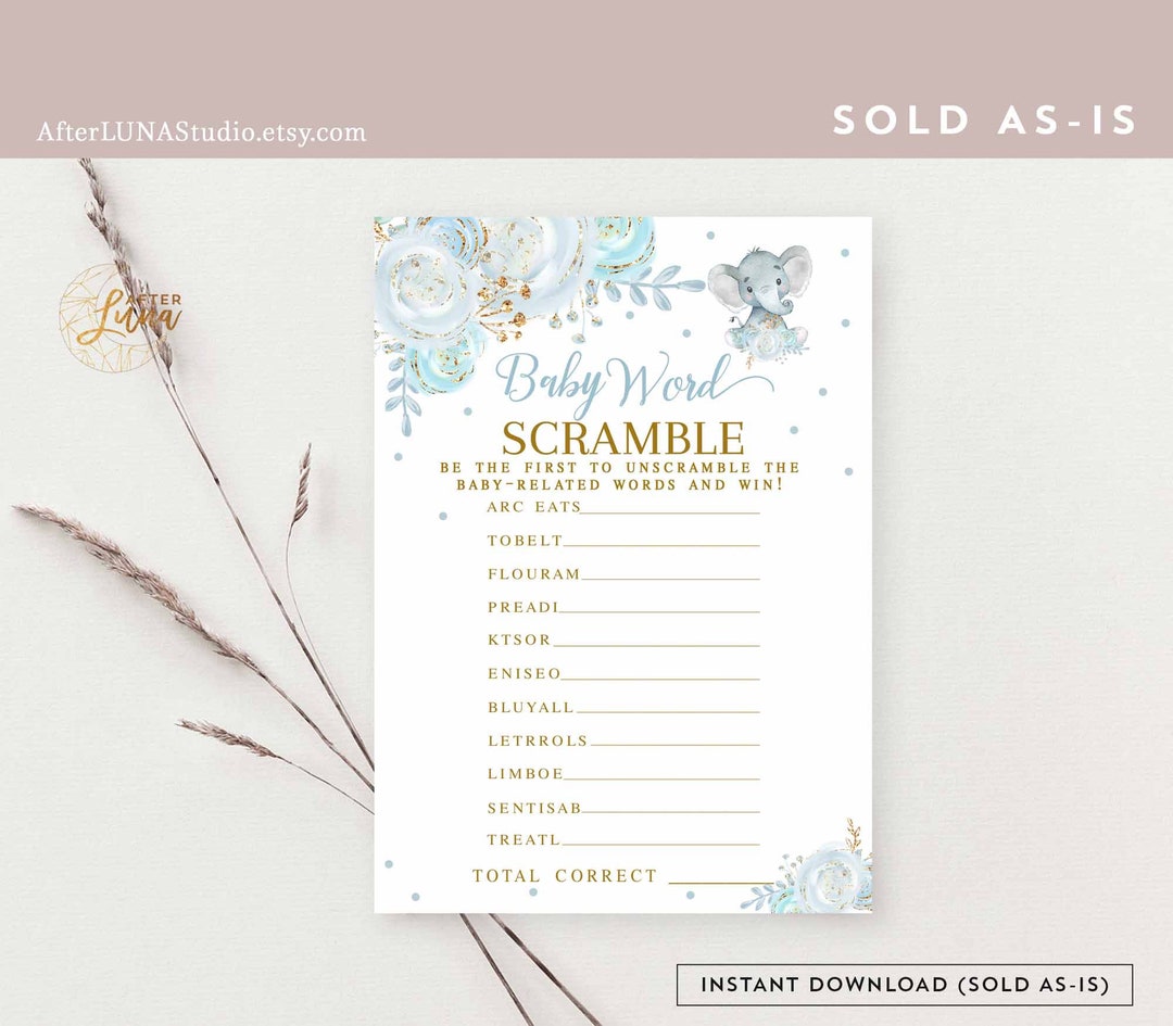 Baby Blue Elephant Baby Word Scramble Game Printable Blue Gold - Etsy