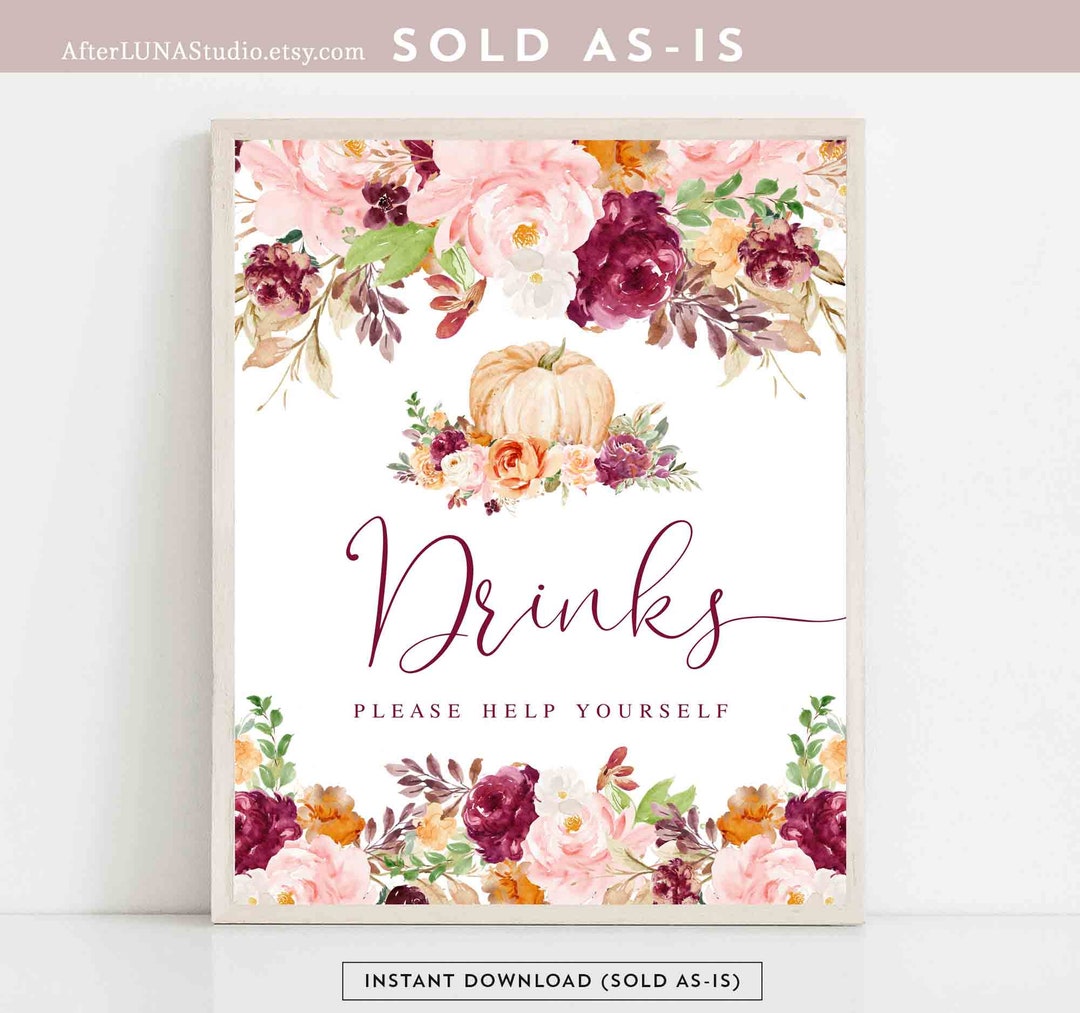 Burgundy Fall Pumpkin Drink Table Sign Baby Shower Sprinkle Bridal ...
