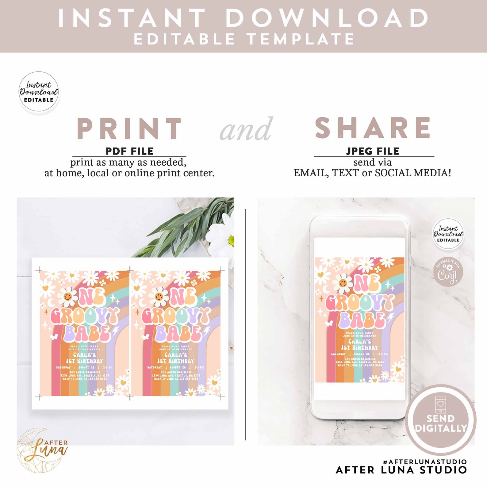 Editable One Groovy Babe Invite Daisy Rainbow Groovy 1st Birthday ...