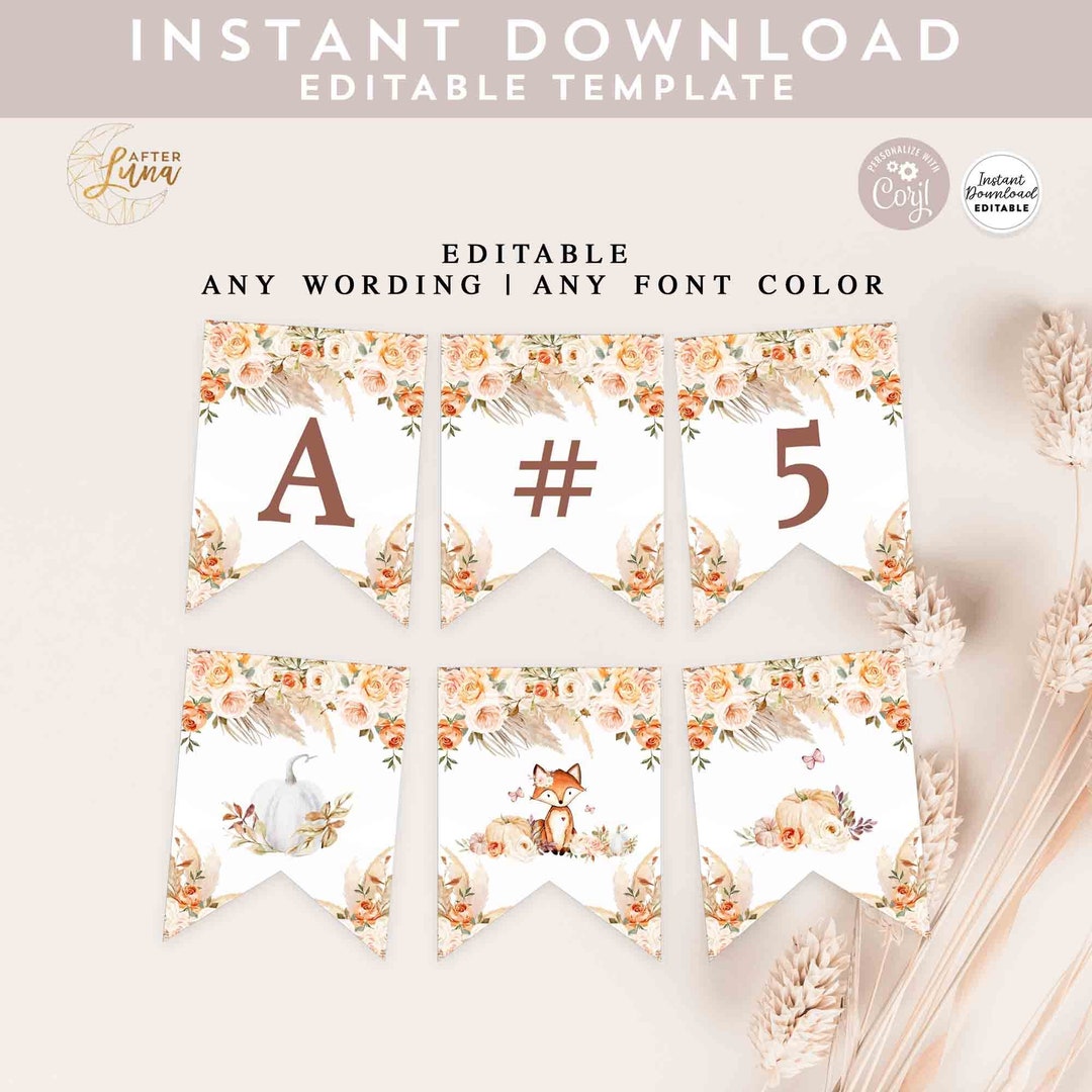 Editable ANY WORDING Fall Pumpkin Fox Pennant Banner 8.5x11" Baby ...