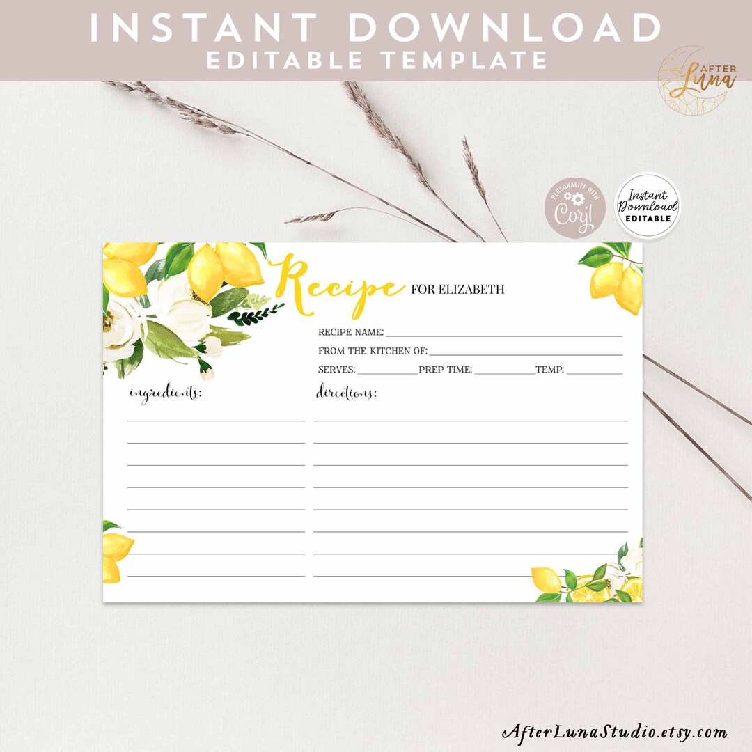 Editable Personalized Lemon Recipe Card Greenery Lemon Baby - Etsy